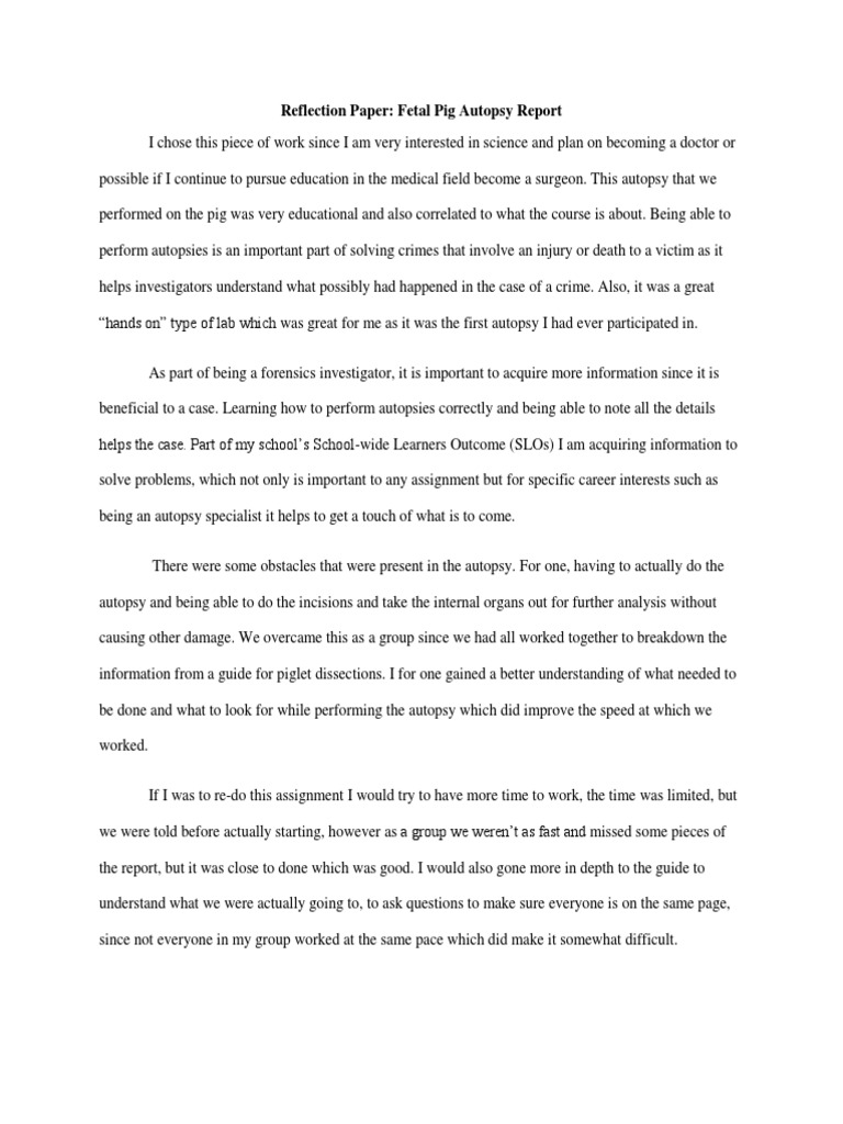 Reflection Paper: Fetal Pig Autopsy Report | PDF