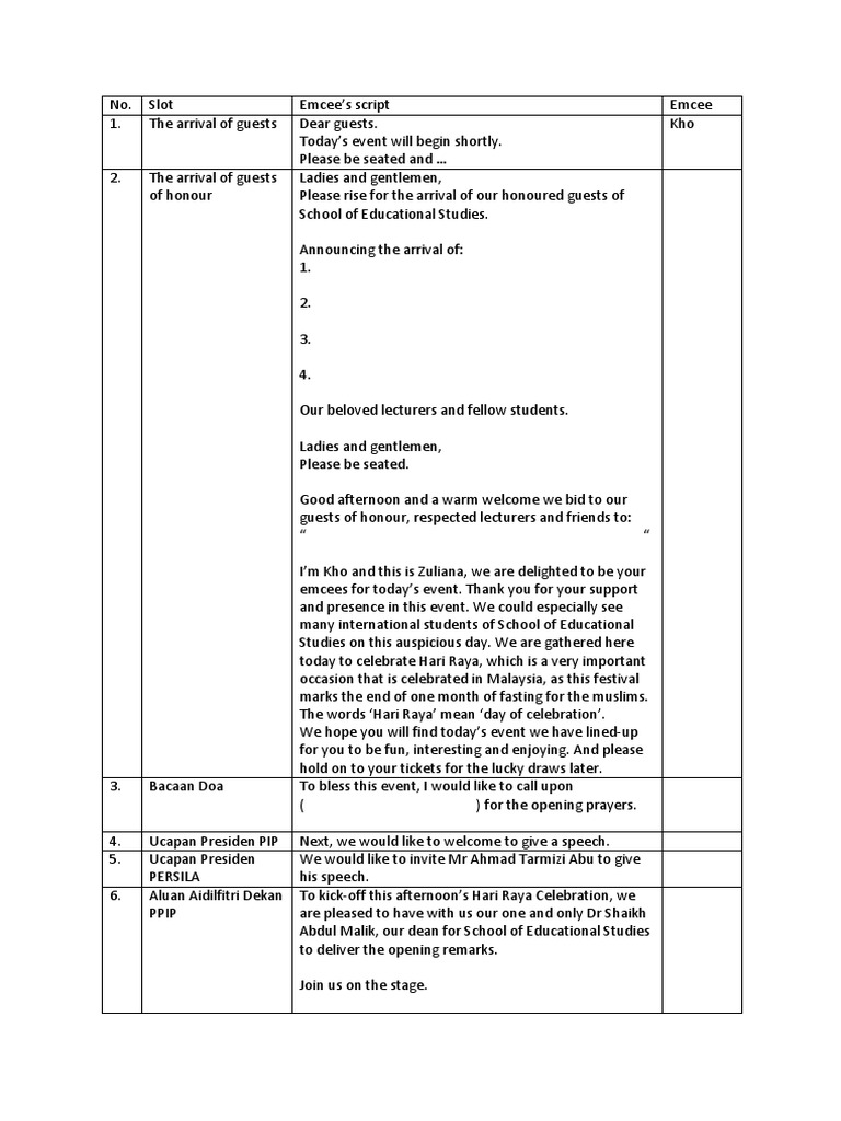 Emcee Script For Hari Raya Event | PDF