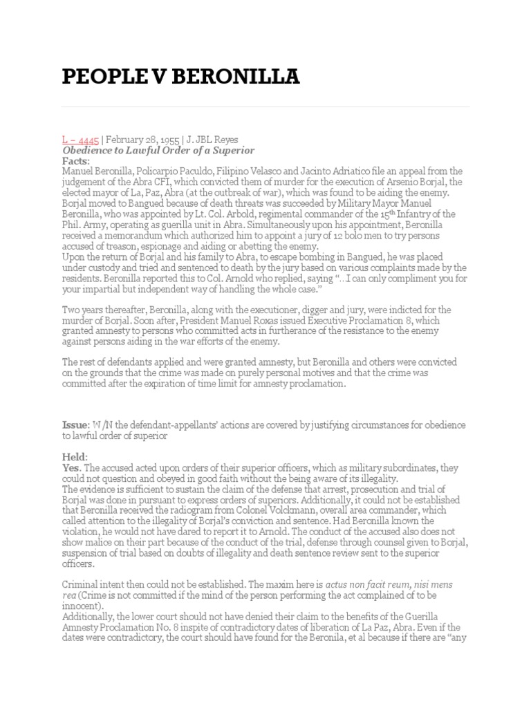 People V Beronilla: Obedience To Lawful Order of A Superior | PDF ...