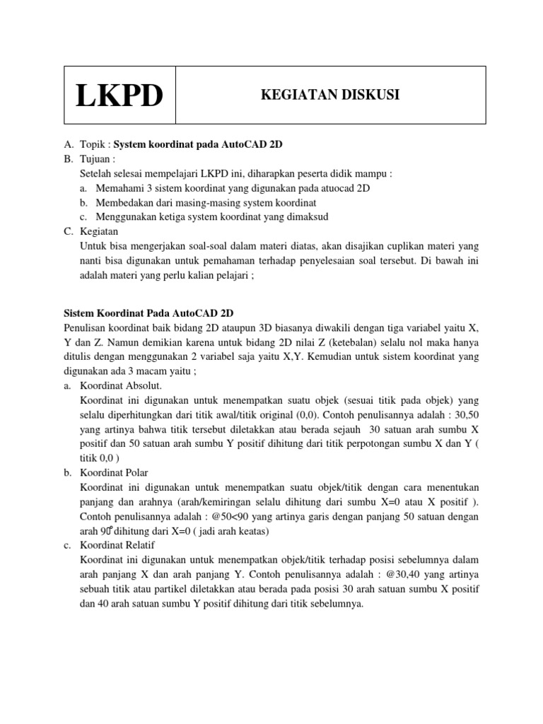 LKPD TUGAS 1 (Sistem Koordinat AutoCAD 2D) | PDF