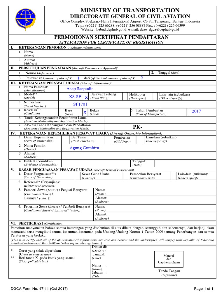 DGCA Form 47-11 Application For Certificate of Registration (R1) | PDF