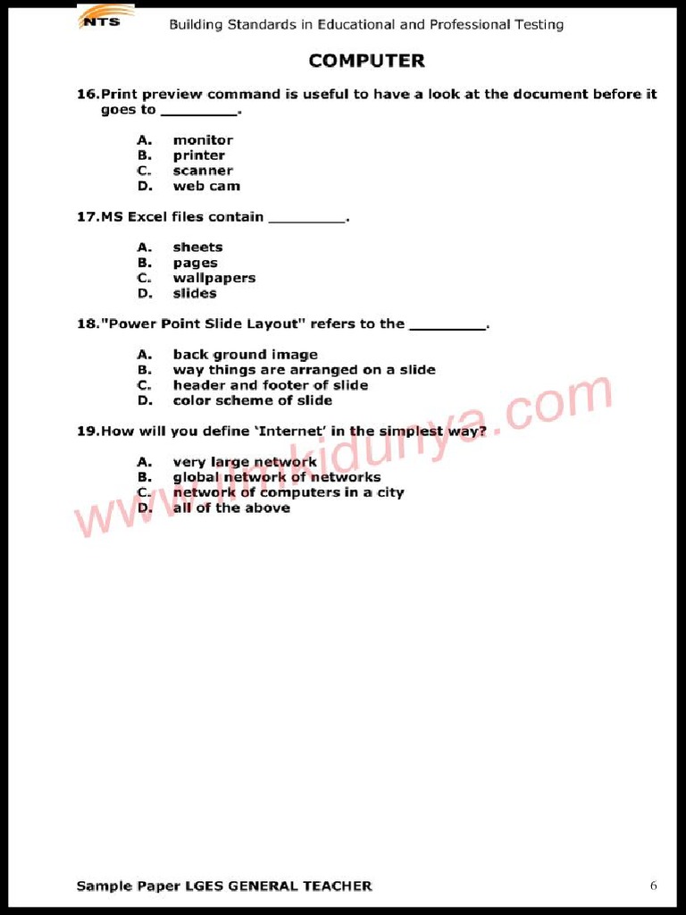 NTS Sample Past Papers General Teacher Computer | PDF