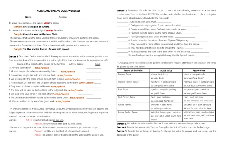 Active and Passive Voice Worksheet | PDF | Perfect (Grammar ...