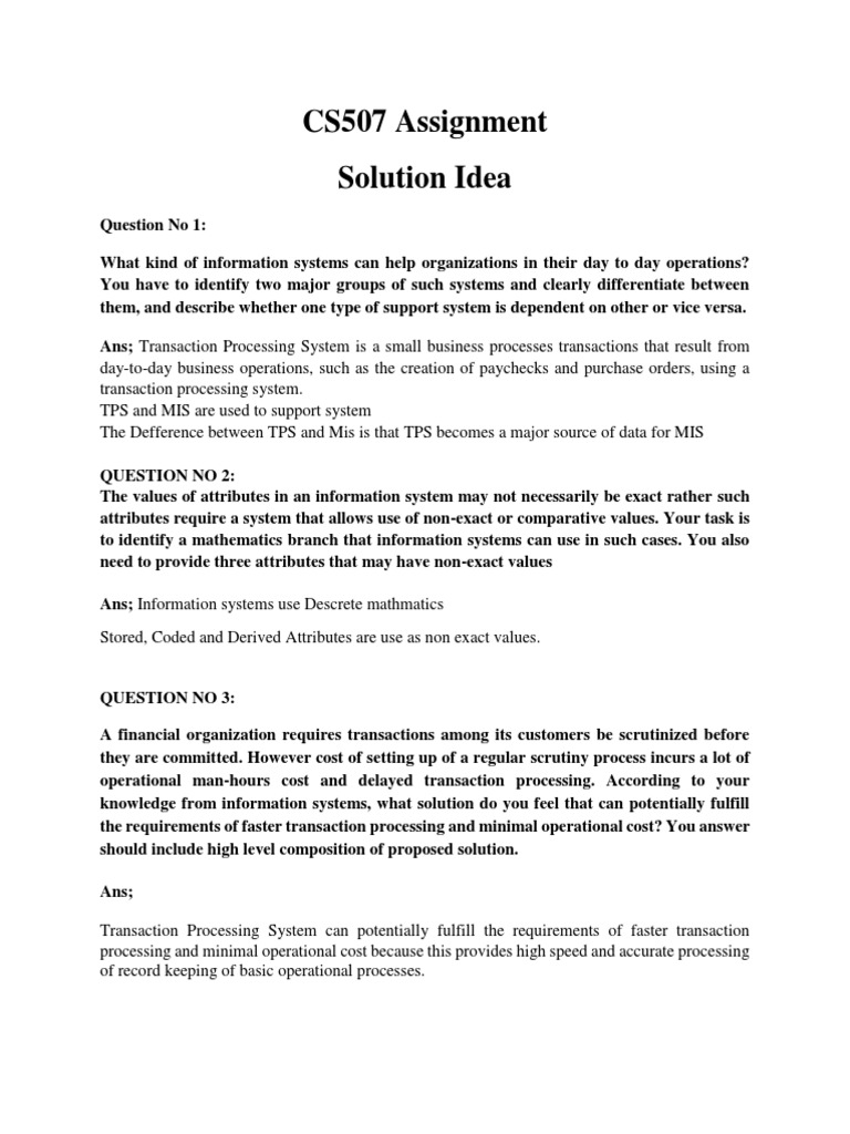 CS507 Assignment No. 2 Idea Solution (4WdMVt) | PDF | Information System | Customer