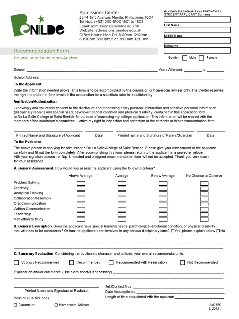 Benilde Admission Recommendation Form | PDF | Behavior Modification ...