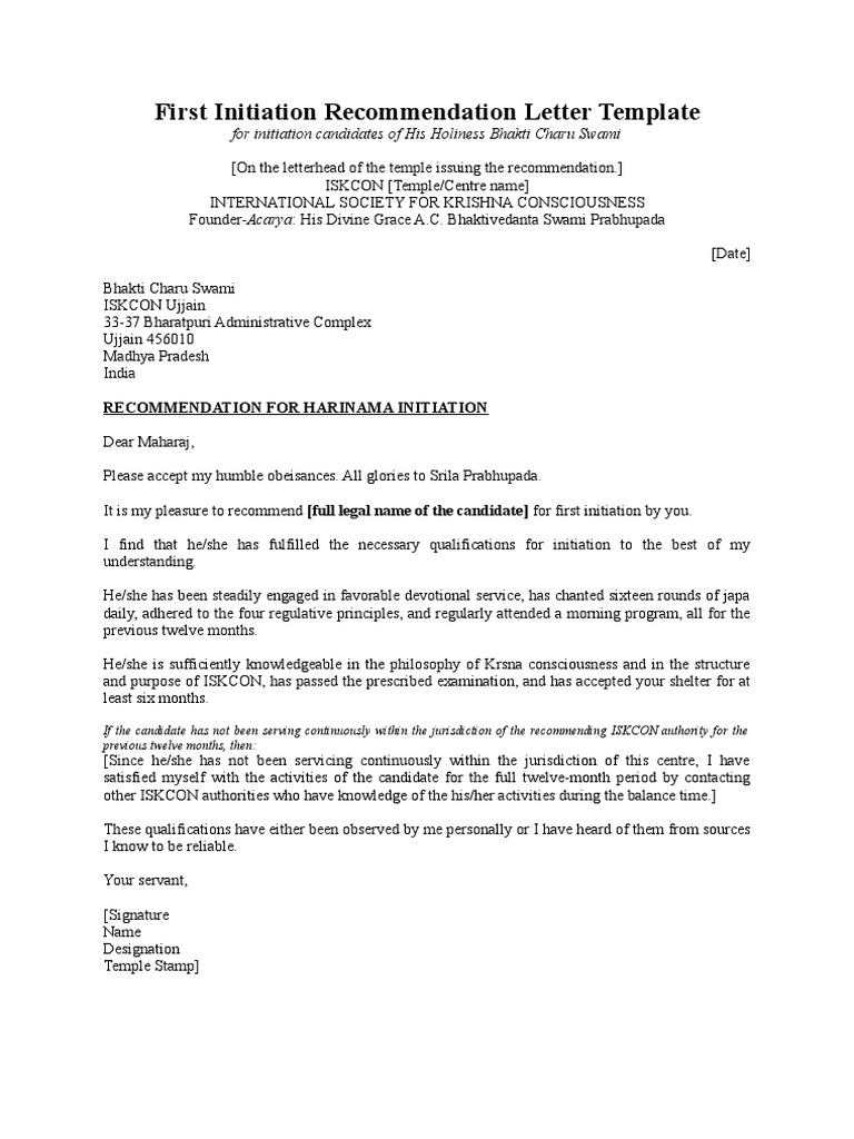 First Initiation Recommendation Letter Template | PDF