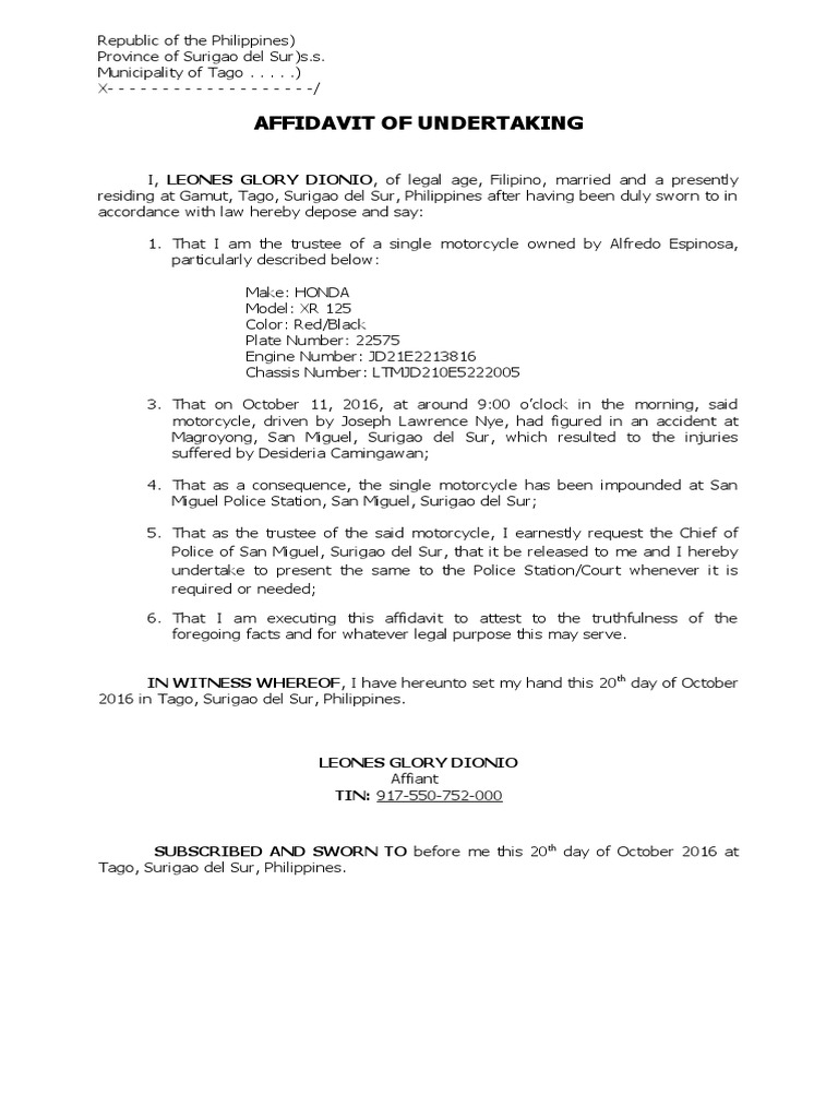 Affidavit for Motorcycle Release | PDF