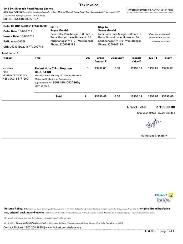 Invoice for Redmi Note 7 Pro Purchase | PDF | Business