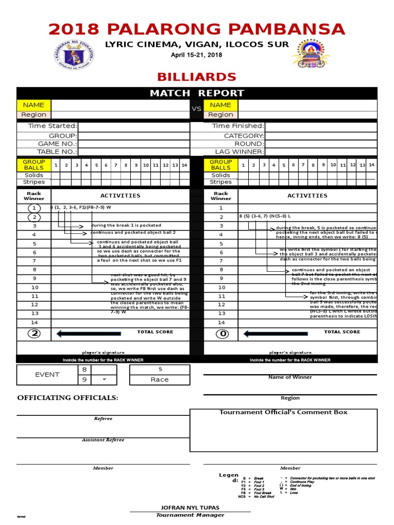 Palarong Pambansa Billiards Score Sheet | PDF | Referee | Games Of ...