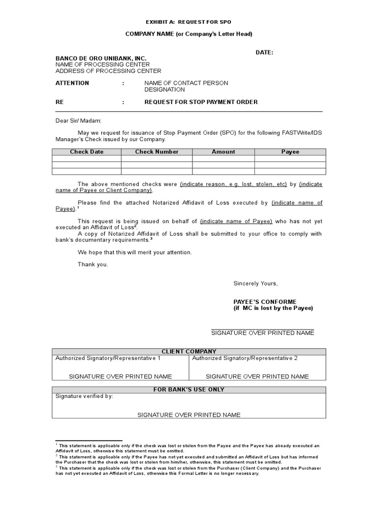 Request for Stop Payment Order on Lost or Stolen Manager's Check | PDF ...