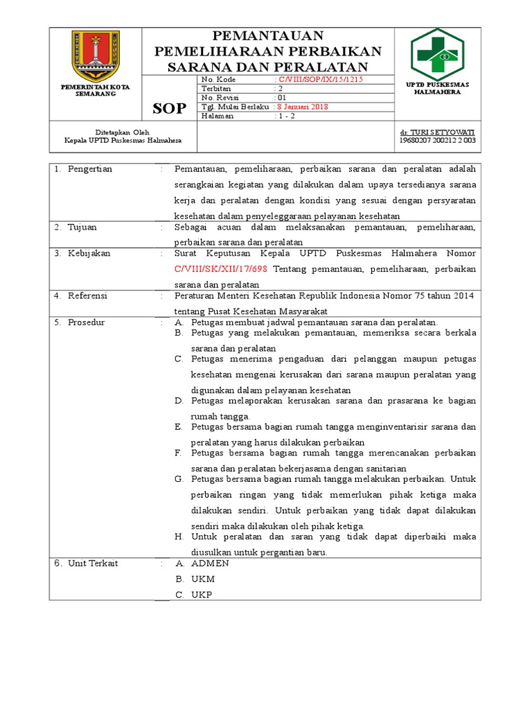 8.5.1.4 Sop Pemantauan Pemeliharaan Perbaikan Sarana Dan Peralatan New | PDF