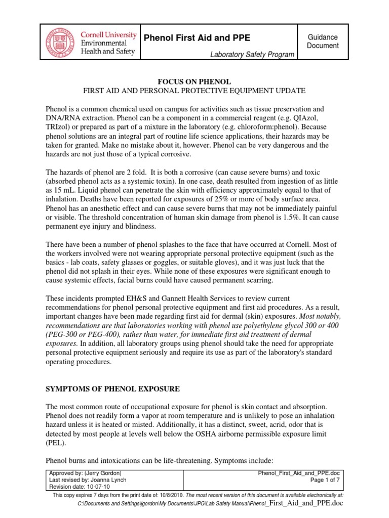 Phenol First Aid | PDF | Personal Protective Equipment | Polyethylene ...