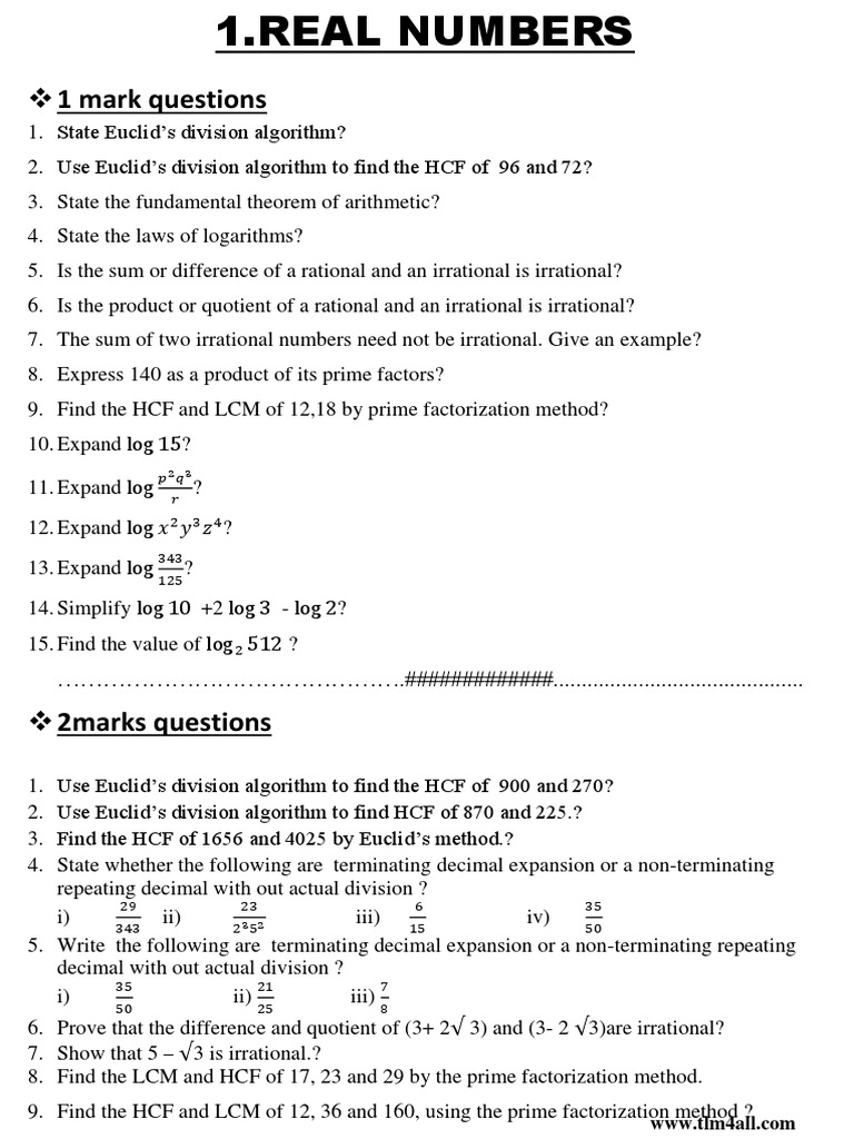 10th Maths Important Questions and Bits | PDF | Quadratic Equation ...