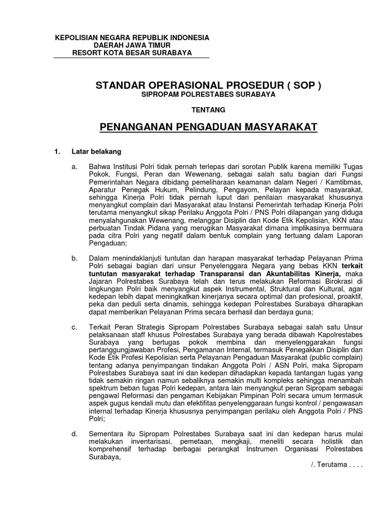 Sop Sipropam Polrestabes Surabaya (Penanganan Dumas) | PDF