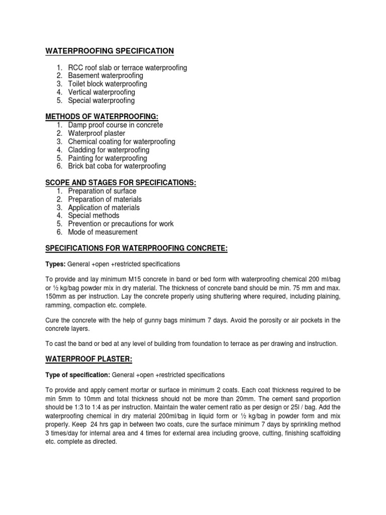 Waterproofing Specification | PDF | Concrete | Mortar (Masonry)