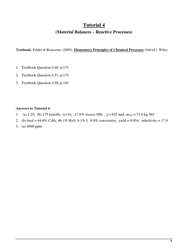 Tutorial 4: (Material Balances - Reactive Processes) | PDF