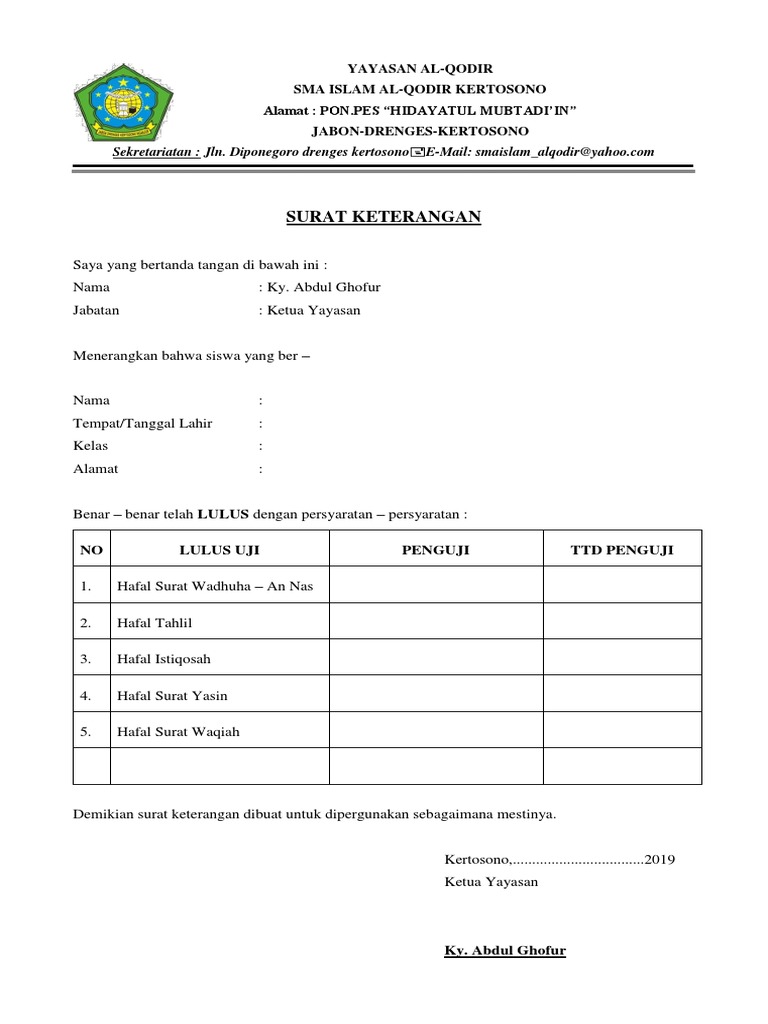 Surat Keterangan Lulus Pondok | PDF