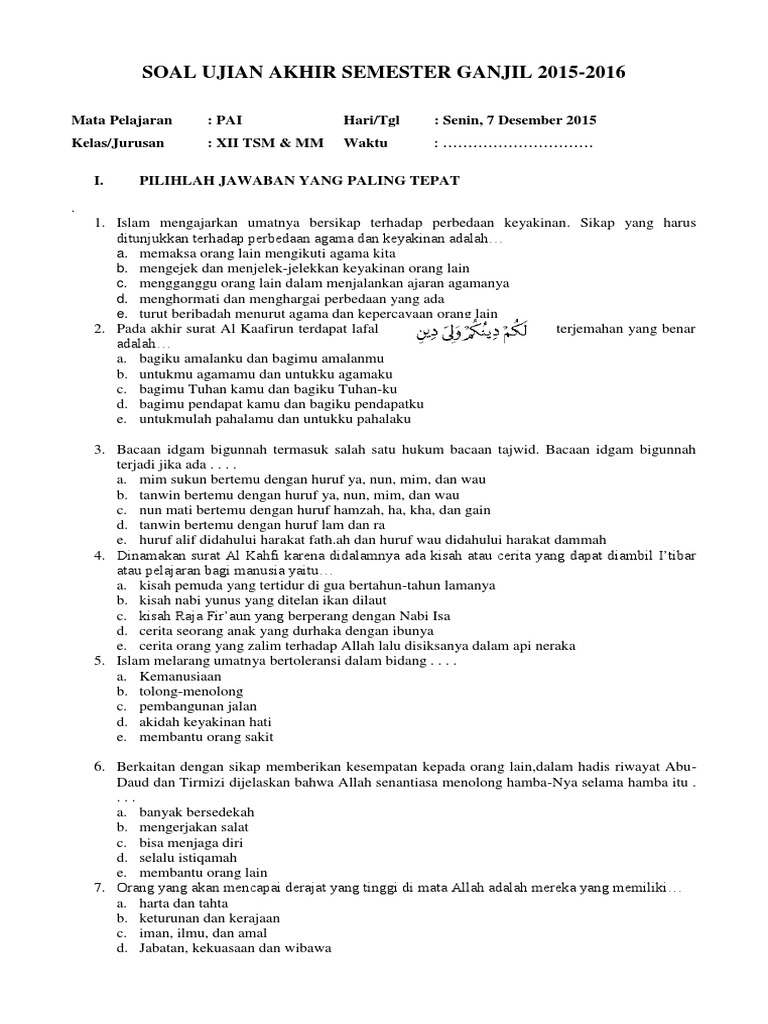 SOAL PAI Kls XII SMK Al Huda Ganjil | PDF