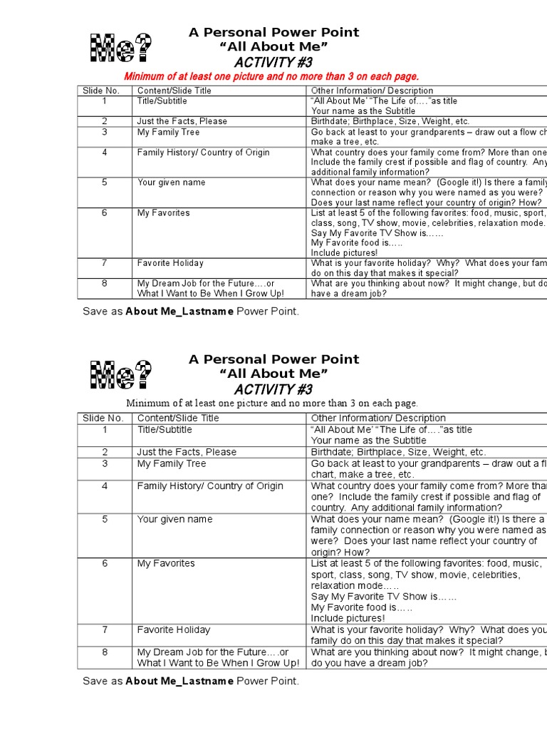Activity #3: A Personal Power Point "All About Me" | PDF