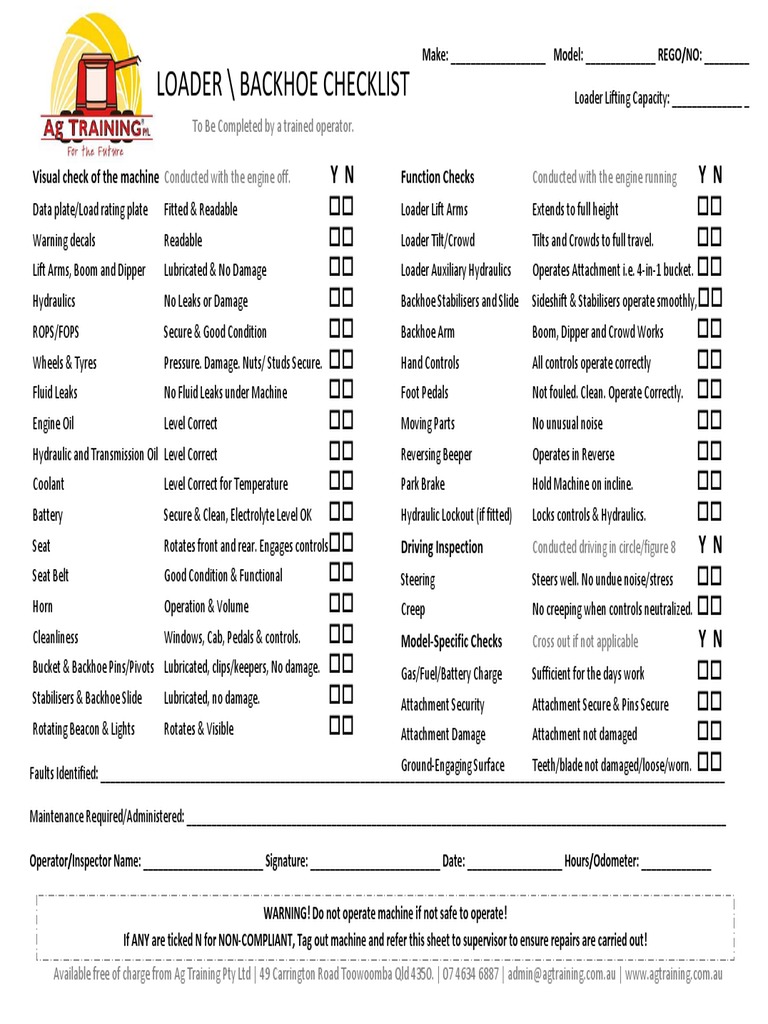 Backhoe Checklist | Download Free PDF | Loader (Equipment) | Vehicle Technology