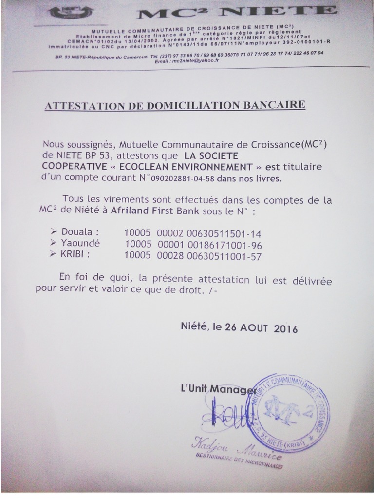 Attestation de Domiciliation Bancaire PDF | PDF Attestation de Domiciliation Bancaire PDF | PDF