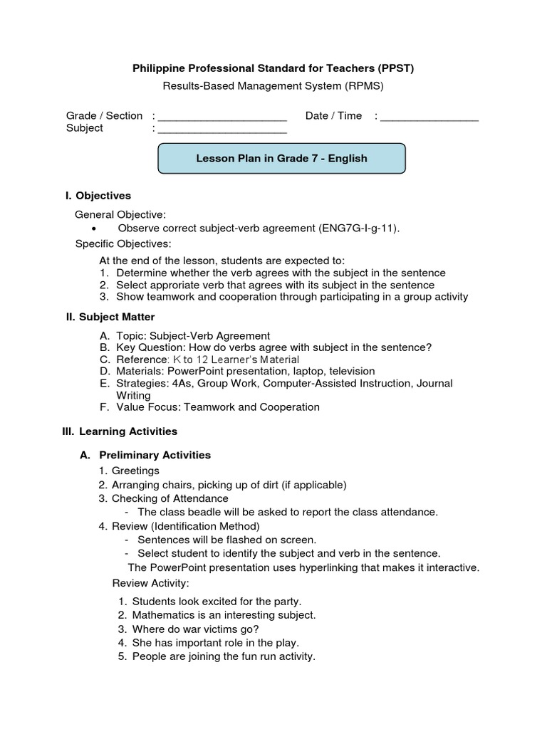 Subject-Verb Agreement Lesson Plan | PDF | Lesson Plan | Verb