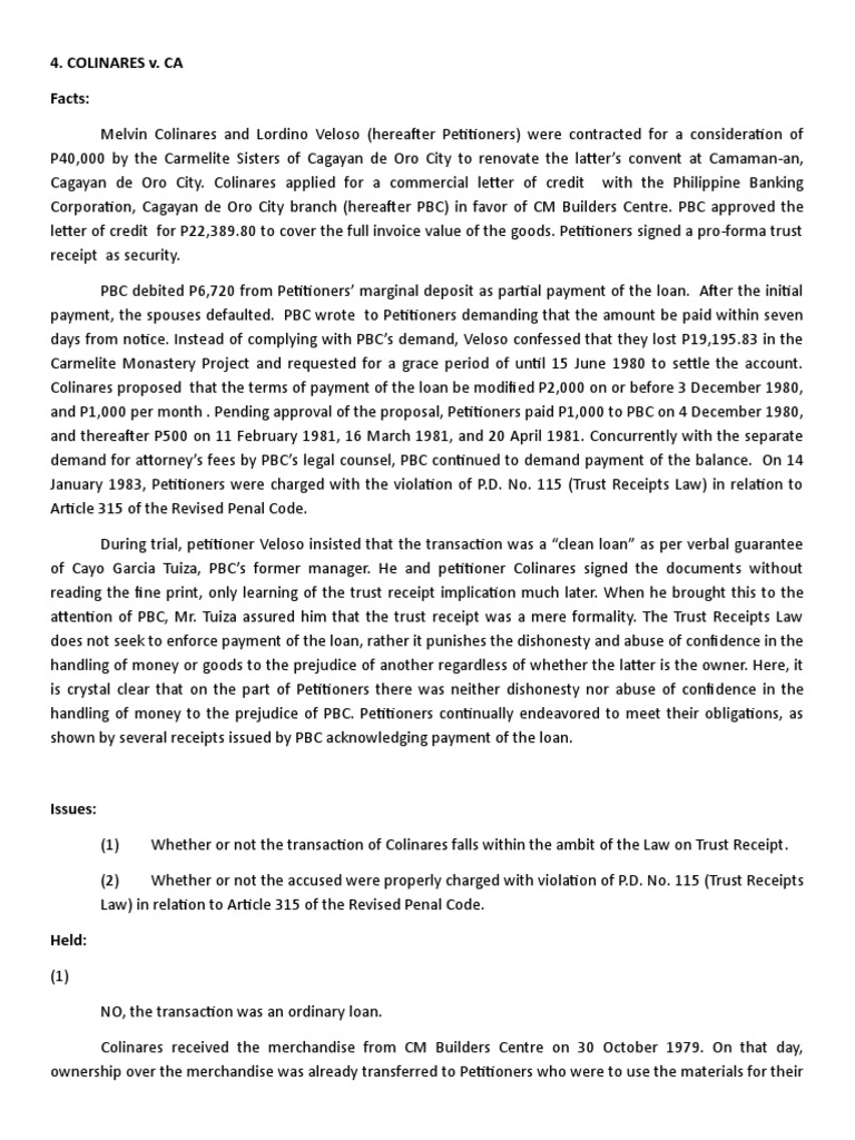 Colinares V. Ca Facts | Download Free PDF | Security Interest | Receipt
