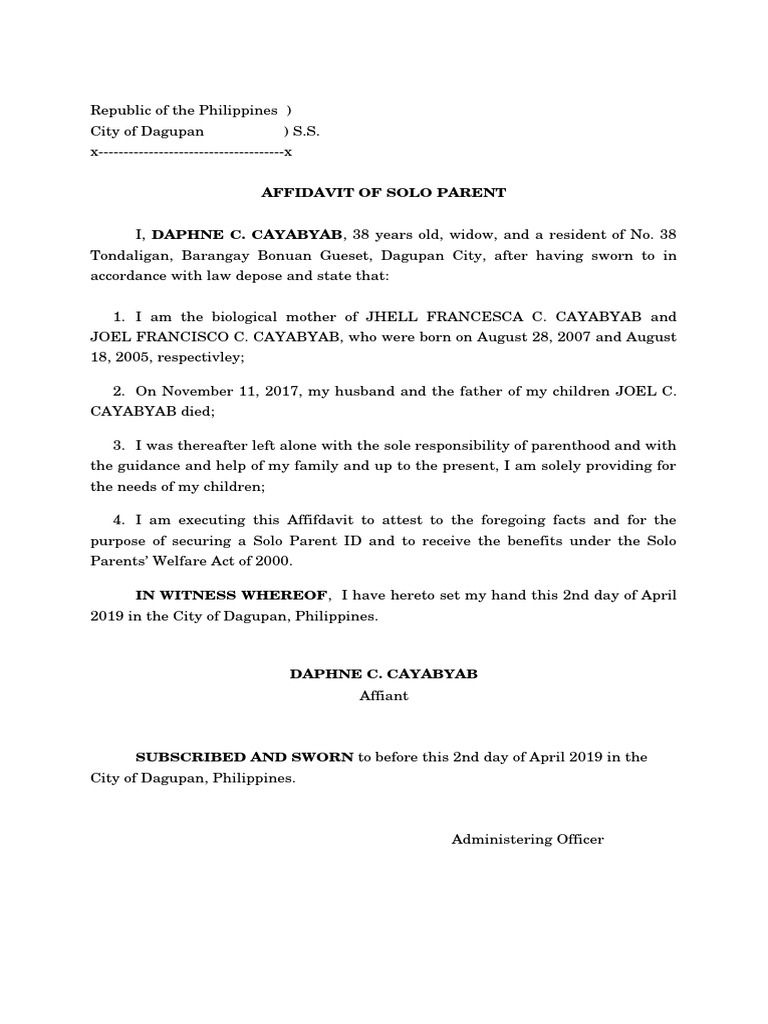 Affidavit Solo Parent | PDF