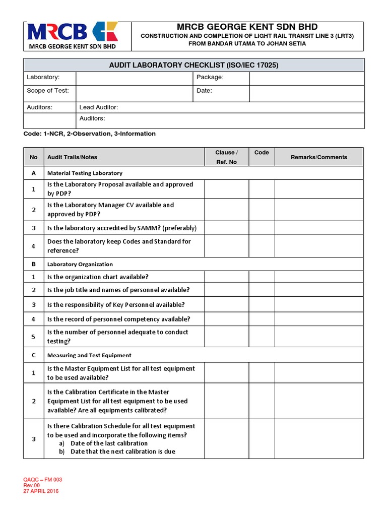 Audit Laboratory Checklist | PDF | Calibration | Engineering