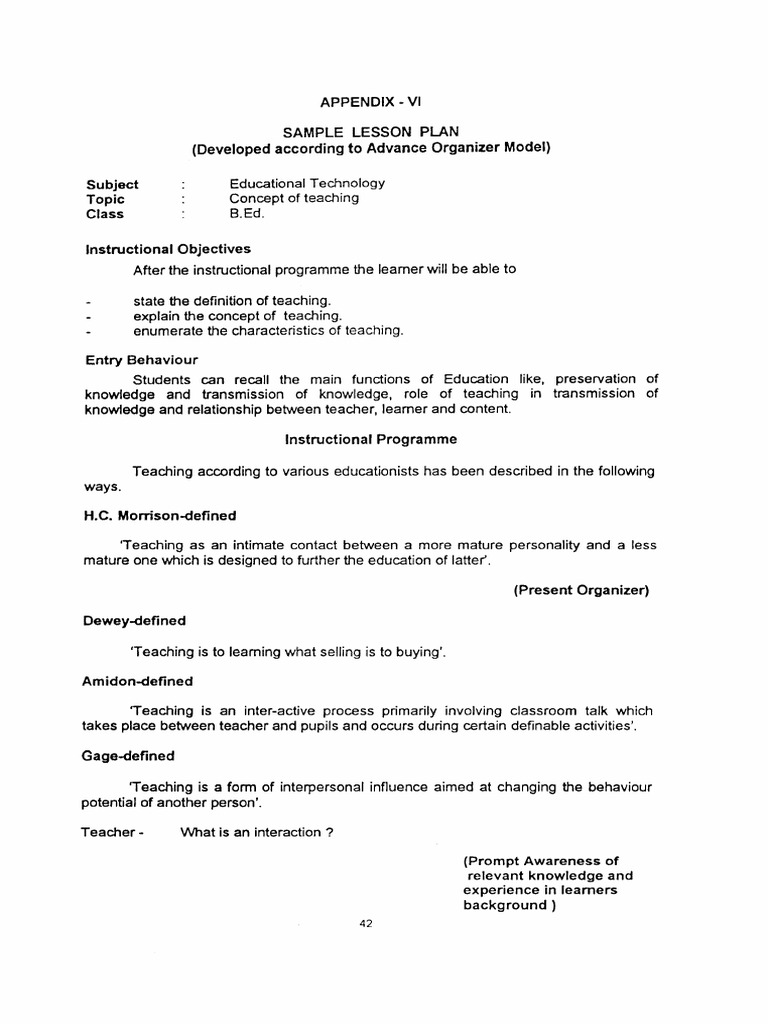 Appendix-Vi Sample Lesson Plan (Developed According To Advance ...