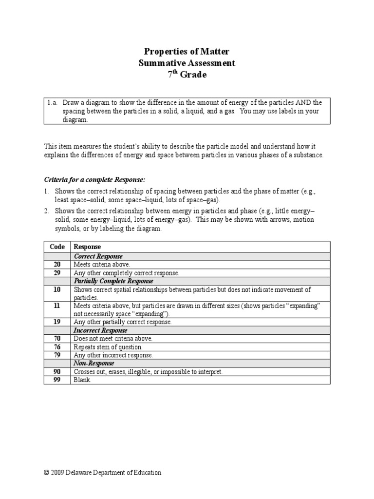 Properties of Matter Summative Assessment 7 Grade: Criteria For A ...