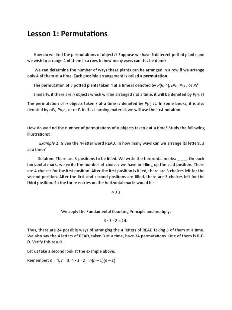 Lesson 1 Permutations Pdf Permutation Mathematical Concepts