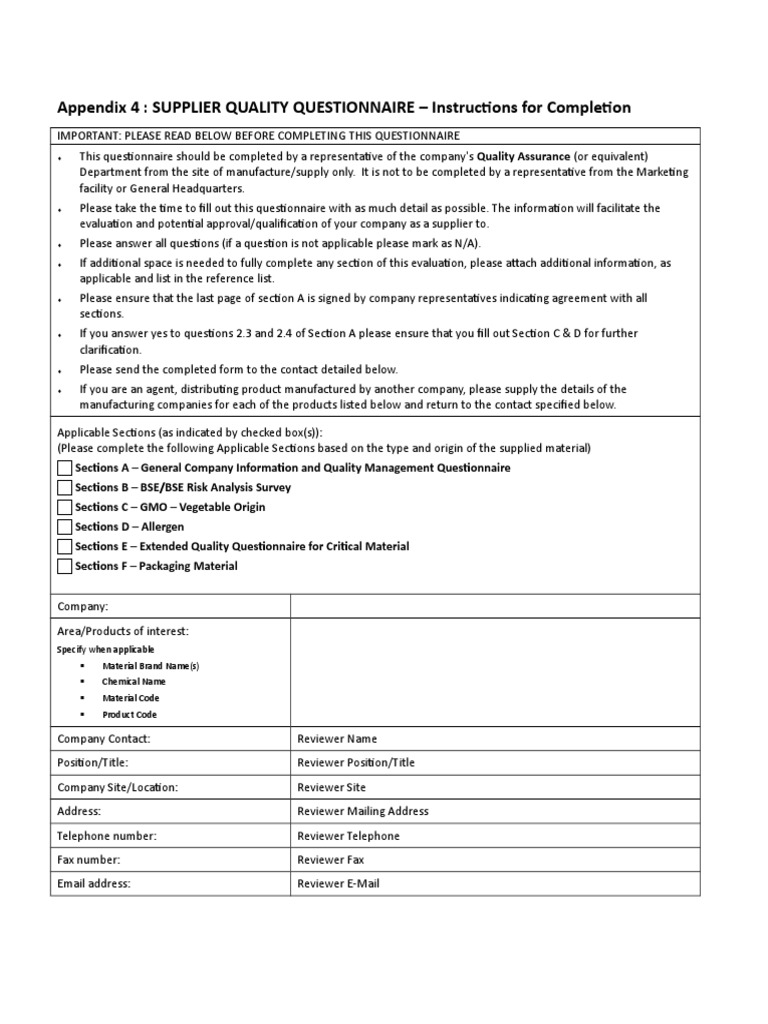 Appendix 4 - Supplier Quality Questionnaire | PDF | Questionnaire ...
