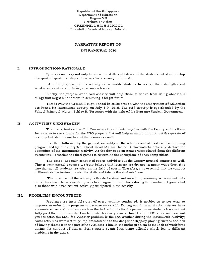 Narrative Report On Intramural 2016 | PDF | Behavior Modification | Cognition