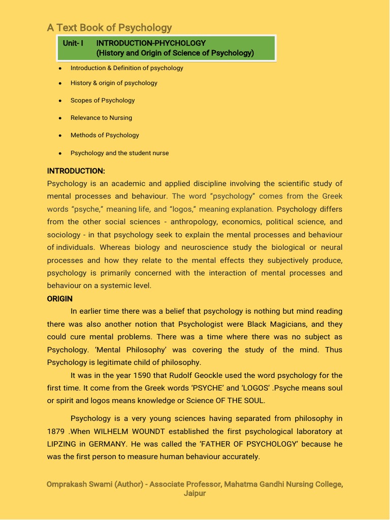Unit I History and Origin of Science of Psychology | PDF