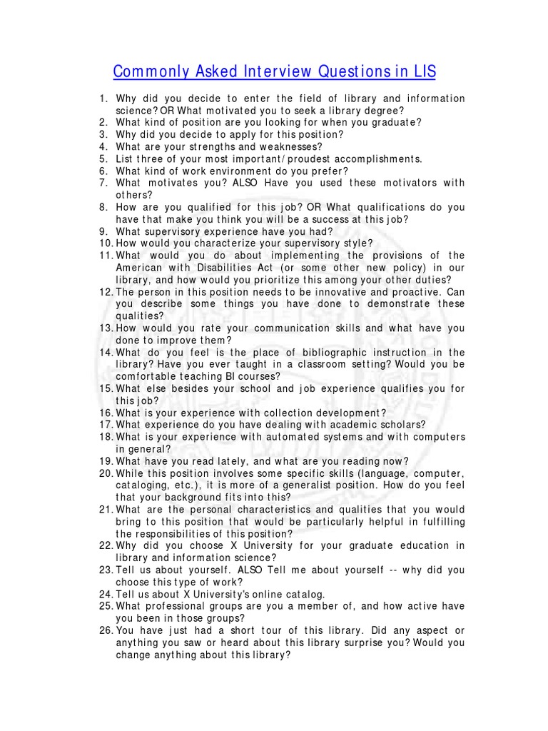 Commonly Asked Interview Questions in LIS | PDF | Job Interview | Libraries