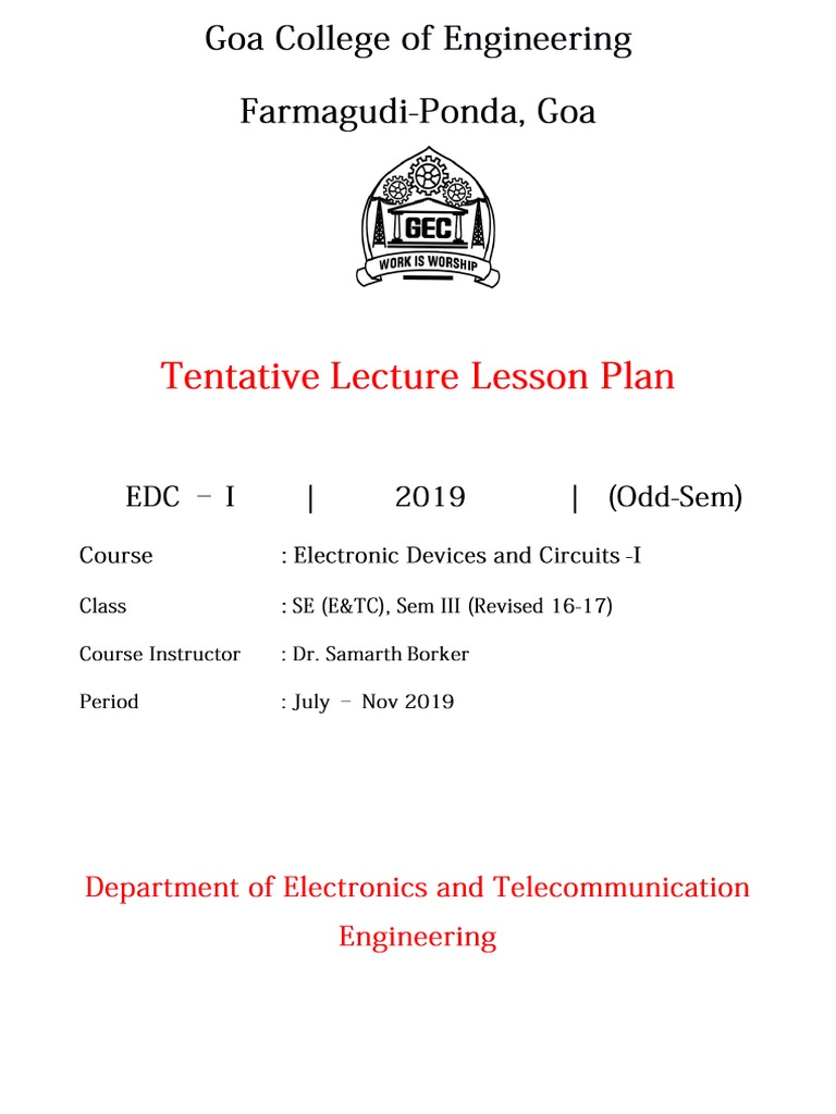 EDC 1 Lecture Plan Odd 2019 | PDF | Electronics | Electricity