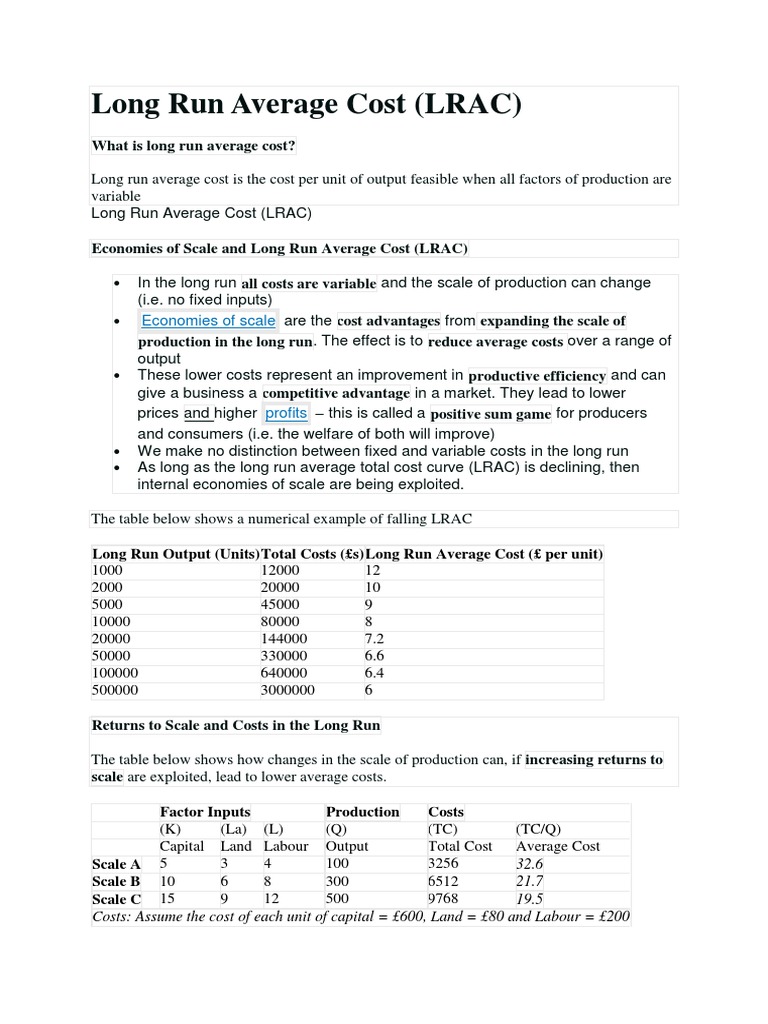 Understanding Long Run Average Cost (LRAC) | PDF | Average Cost | Long ...