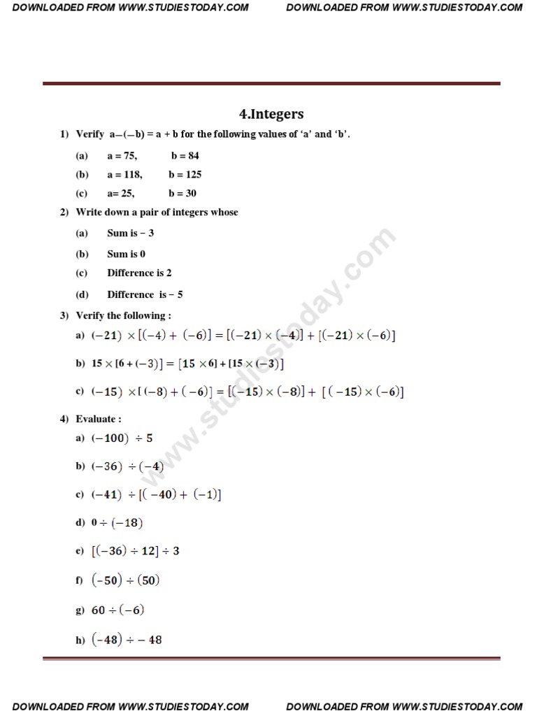 CBSE Clas 7 Maths Worksheet - Integers | PDF | Question | Teaching ...