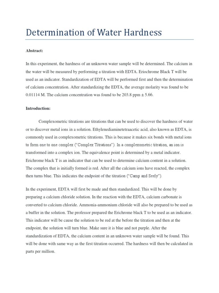 Determination of Water Hardness Report | PDF | Titration | Chemistry