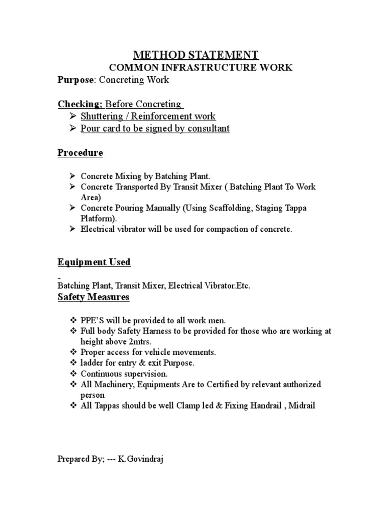 Concreting Work Method Statement | PDF | Technology & Engineering
