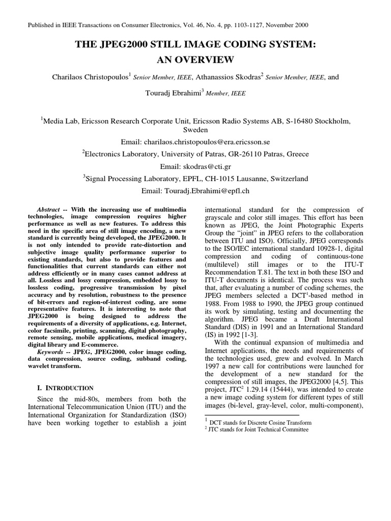 The Jpeg2000 Still Image Coding System: An Overview: Senior Member, IEEE Senior Member, IEEE ...