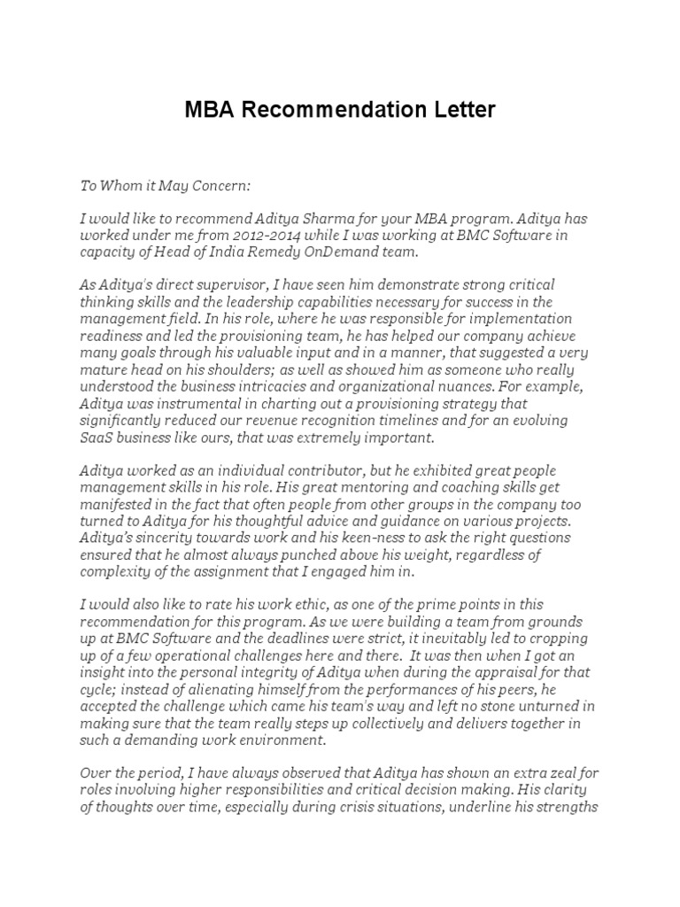 MBA Recommendation Letter | PDF | Business | Psychological Concepts