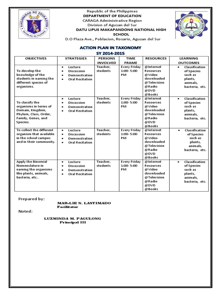 Objectives Strategies Persons Involved Time Frame Resources Learning ...