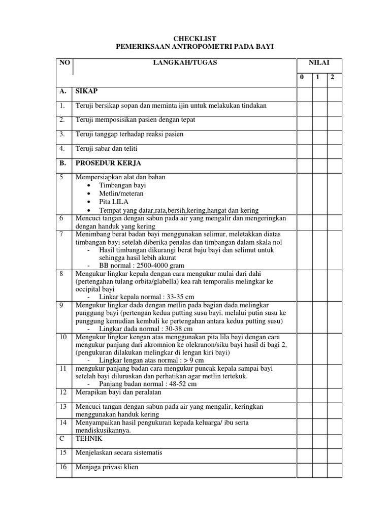 Checklist Pemeriksaan Antropometri Bayi | PDF