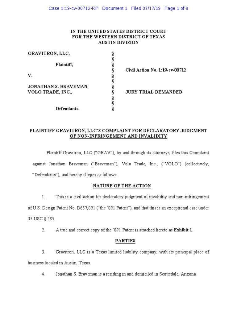 Gravitron v. Braveman - Complaint | PDF | Declaratory Judgment | Complaint