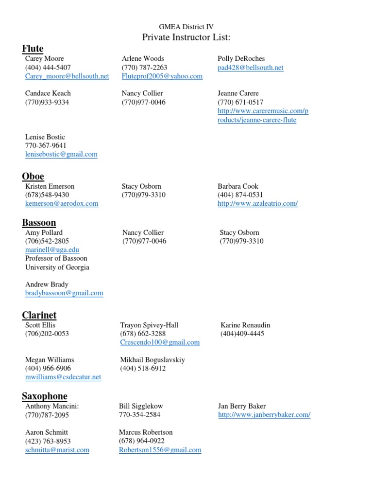 Private Instructor List | PDF | Orchestras | Brass Instruments