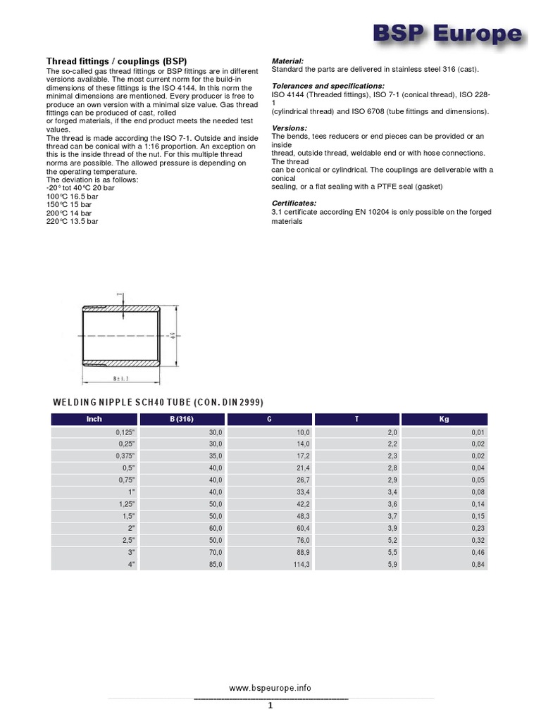 Thread Fittings / Couplings (BSP) : Welding Nipple Sch40 Tube (Con. Din ...
