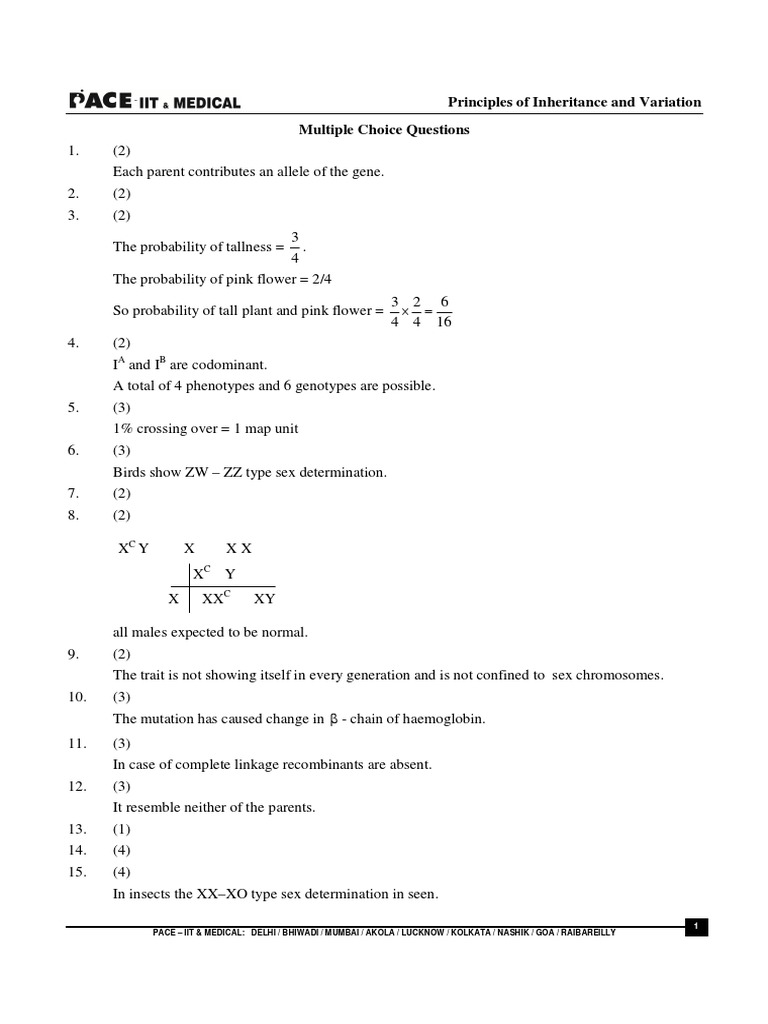 Principles of Inheritance and Variation Multiple Choice Questions | PDF ...