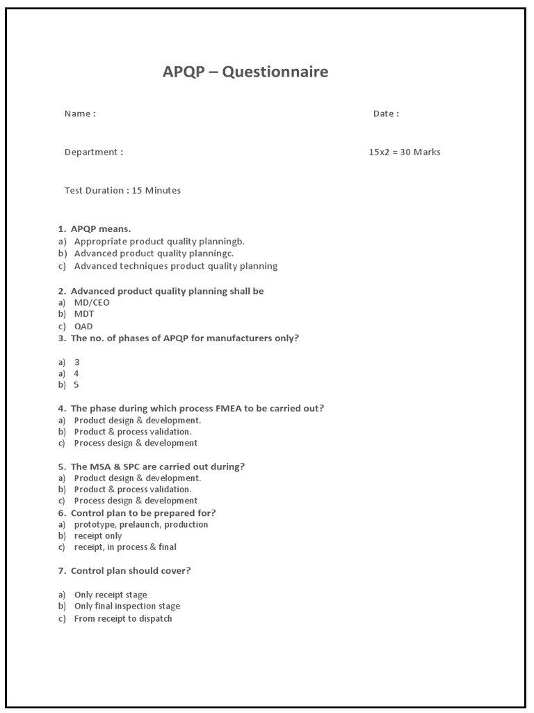 APQP - Questionnaire | PDF
